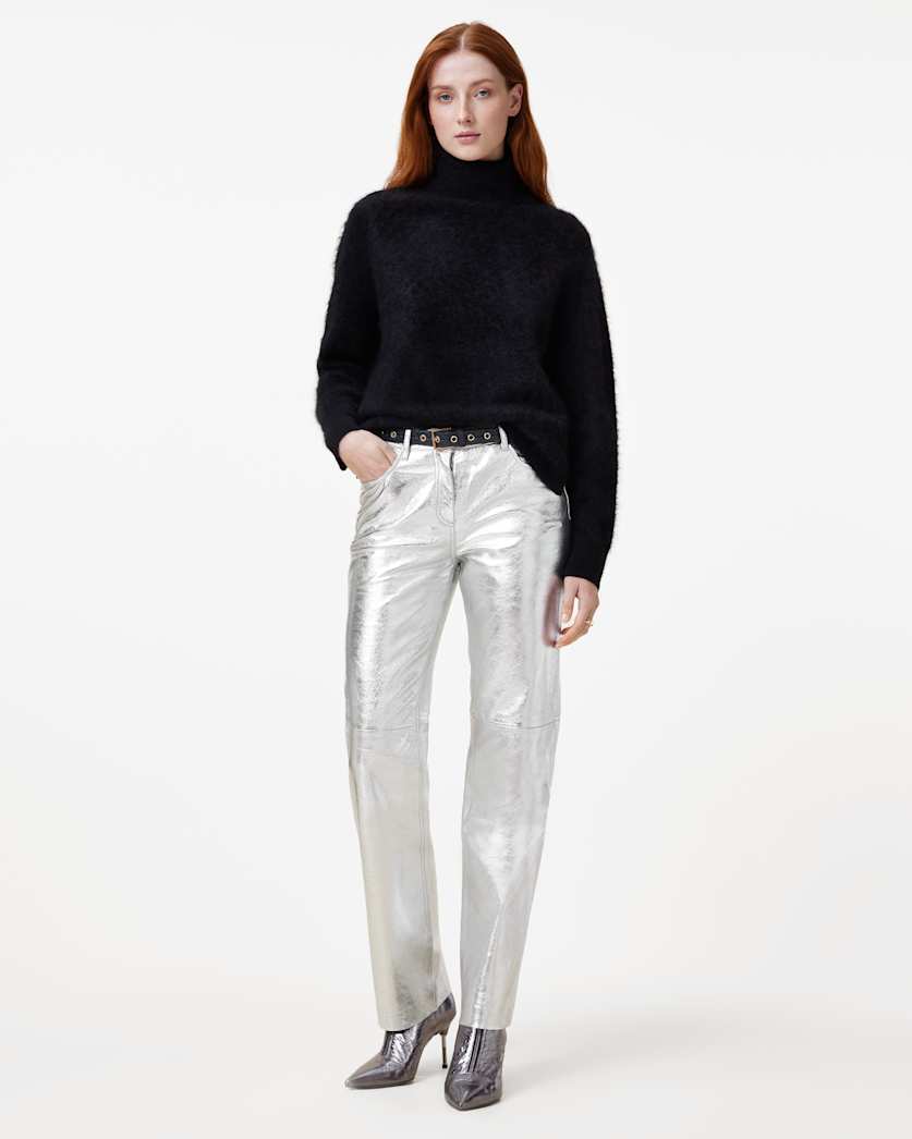 Saige Straight Fit Foiled Leather Trousers Silver | ALLSAINTS